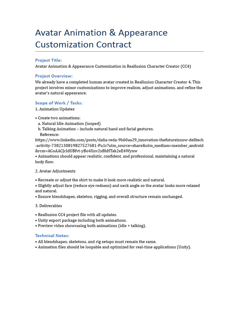 Avatar Animation Customization Contract | PDF