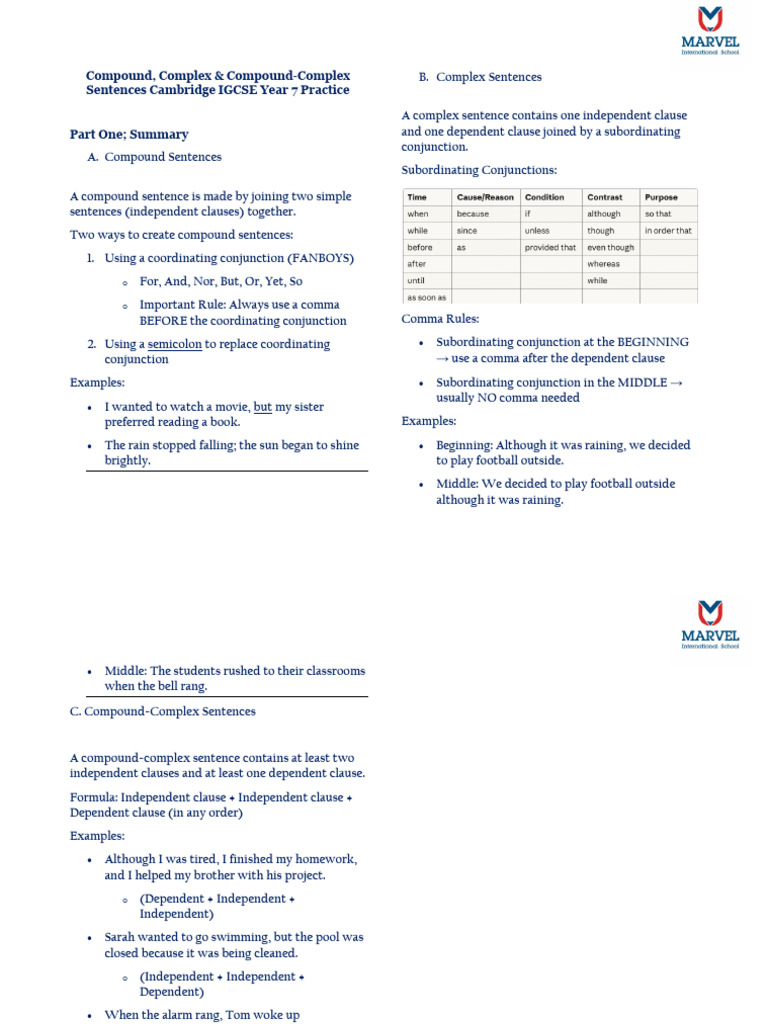 Compound, Complex & Compound-Complex Sentences Cambridge IGCSE Year 7 ...