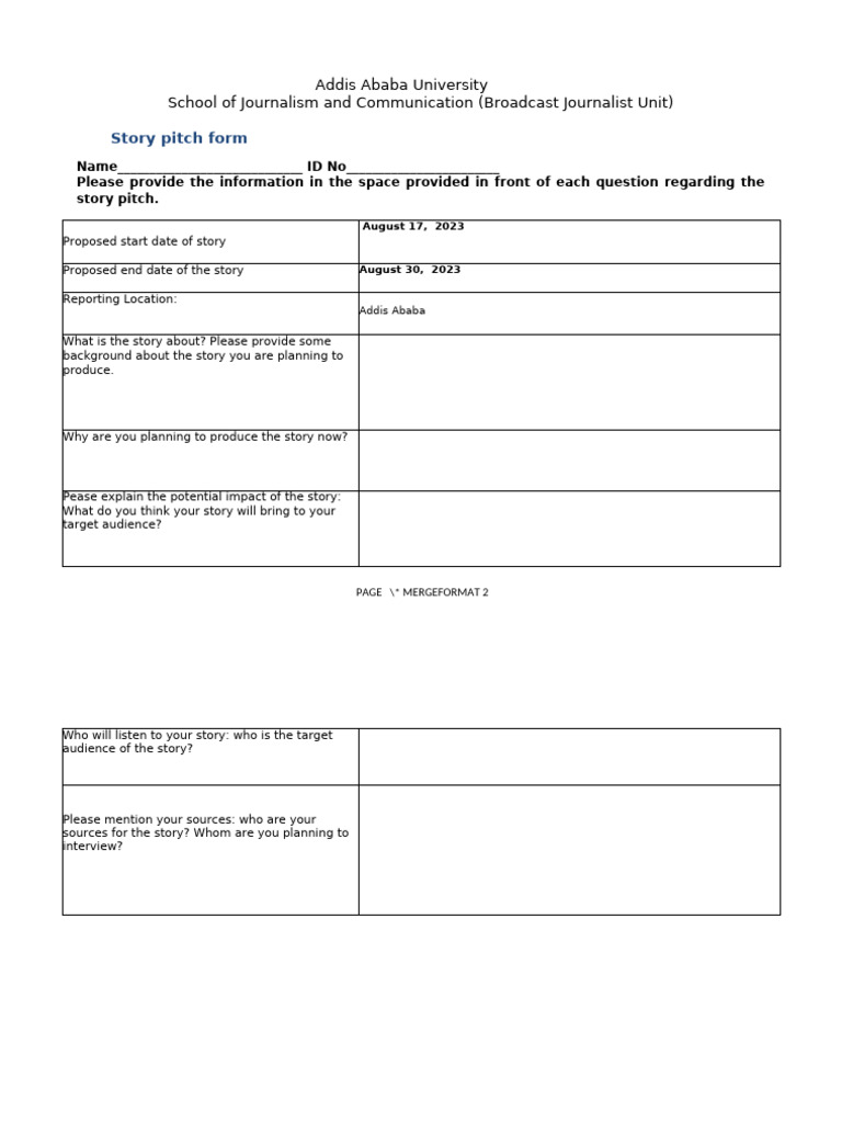 Story Pitch Form for Journalism Students | PDF