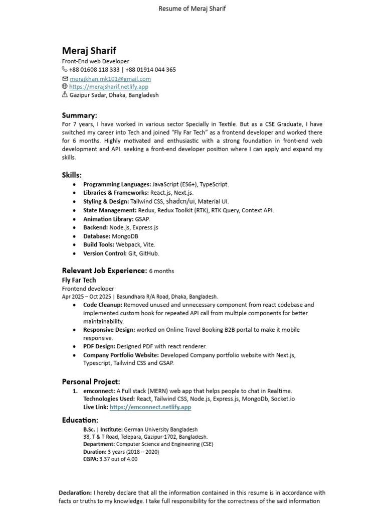 Front-End Developer Resume: Meraj Sharif | PDF