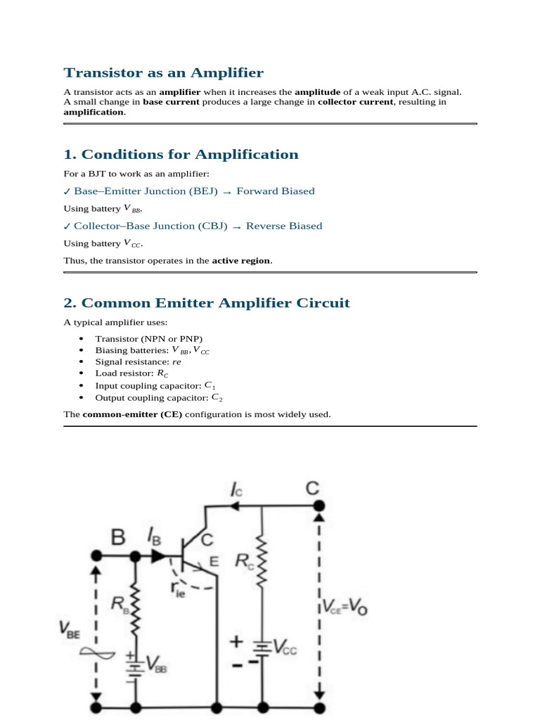 Transistor Amplifier Basics Explained | PDF | Amplifier | Bipolar ...