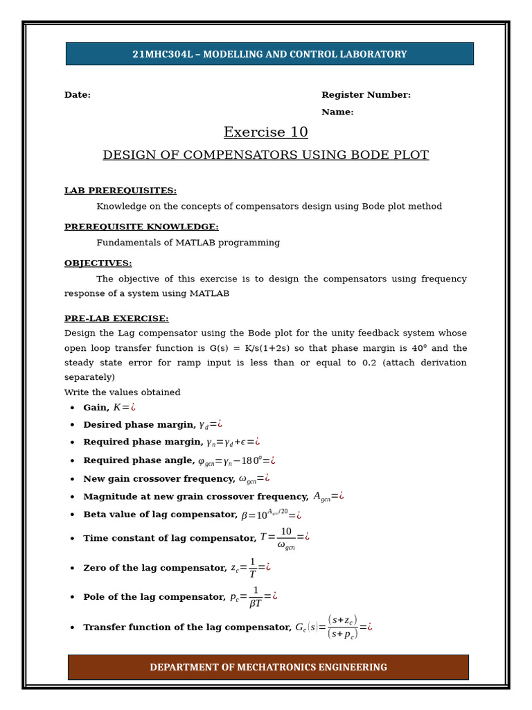 Ex 10 Lag Compensator Bode Plot Pdf Applied Mathematics
