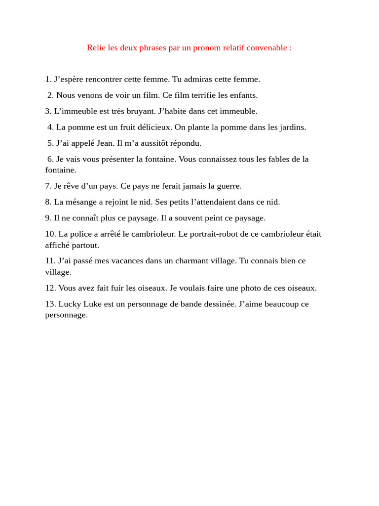 Exercices de pronom relatif en français | PDF