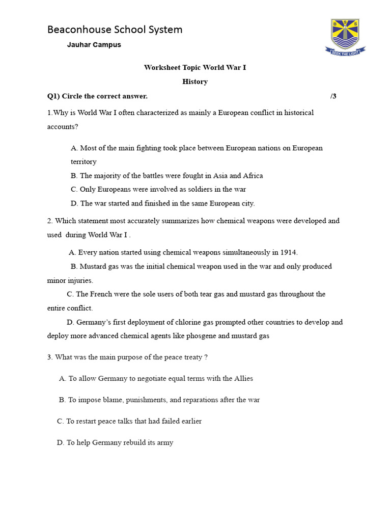 World War I Worksheet for Students | PDF