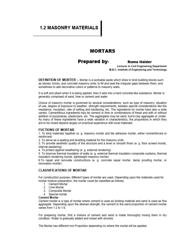 S3.BMC.mortar Unit 1.2 | PDF | Mortar (Masonry) | Masonry