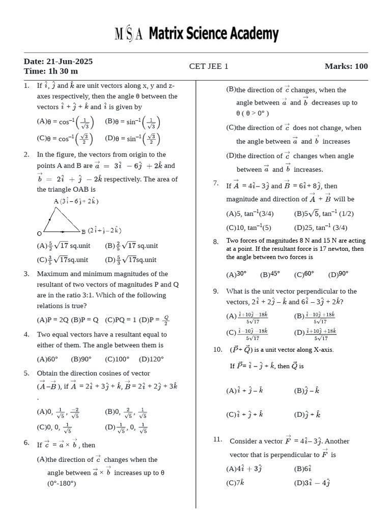 JEE 2025 Vector Analysis Questions | PDF | Euclidean Vector | Angle