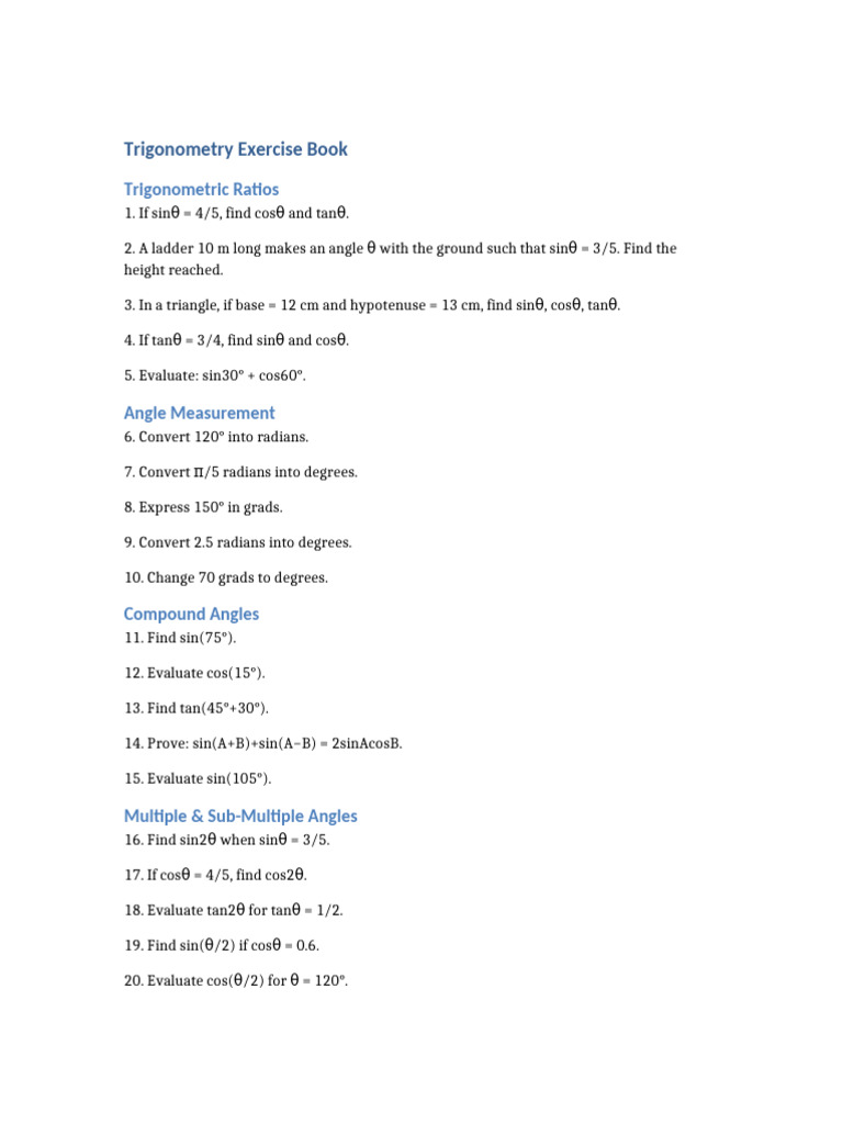 Trigonometry Exercise Book | PDF