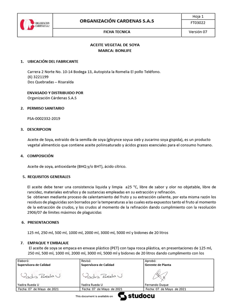 Ficha Técnica Aceite Vegetal Bonlife | PDF | Petróleo | Química