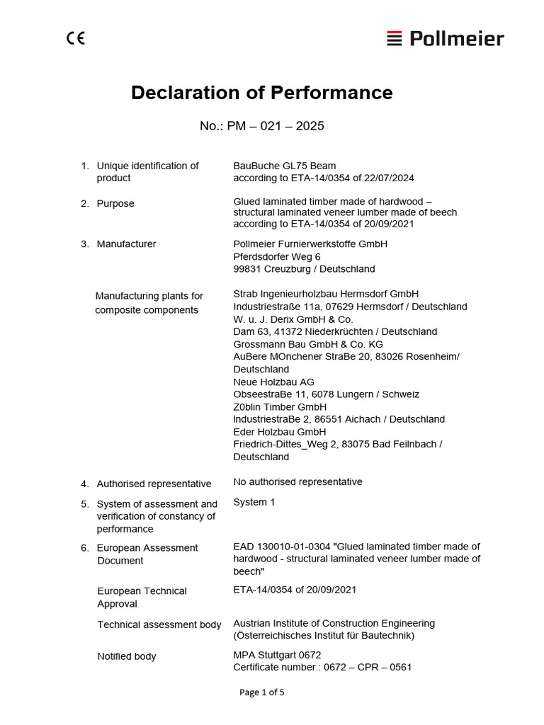 BauBuche GL75 Beam Performance Declaration | PDF | Young's Modulus ...