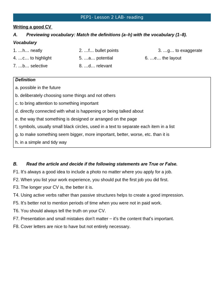 Lesson 2 Lab Reading- Writing a Good CV | PDF