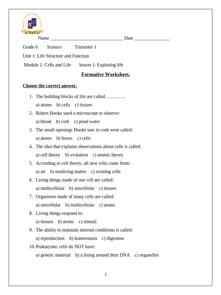 Exploring Life Formative Shee 1033440826 | PDF | Cell (Biology) | Life
