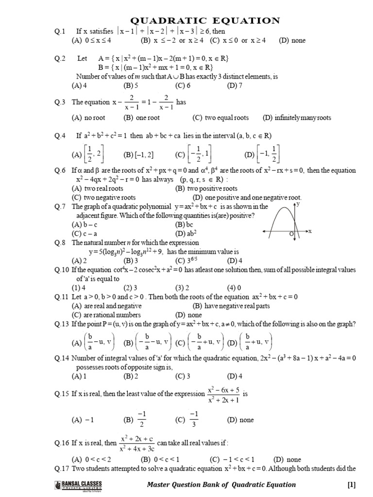 Quadratic Equation Master Question Bank | PDF | Quadratic Equation ...