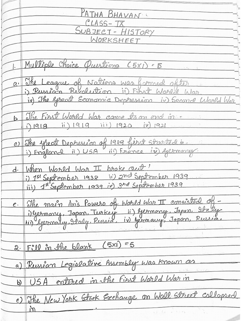 Class - IX, History Worksheet 2 | PDF