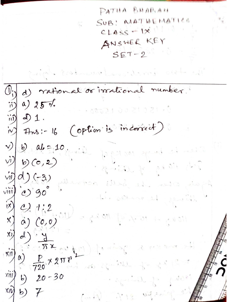 Mathematics Answer Key (Set-2) Class - IX | PDF