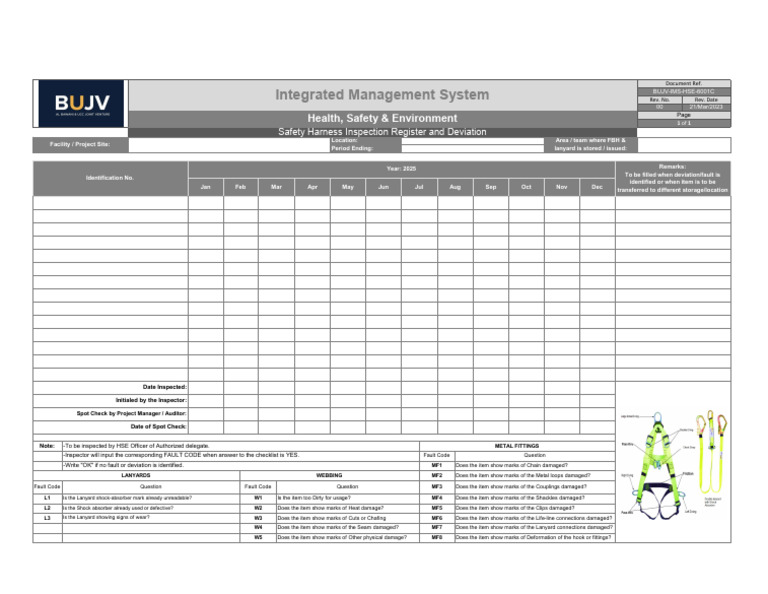 BUJV-IMS-HSE-60001C Safety Harness Inspection Register Rev.00 | PDF