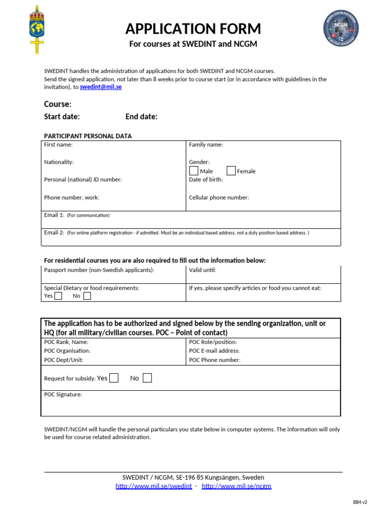 Swedint and NCGM Course Application Form | PDF | National Security