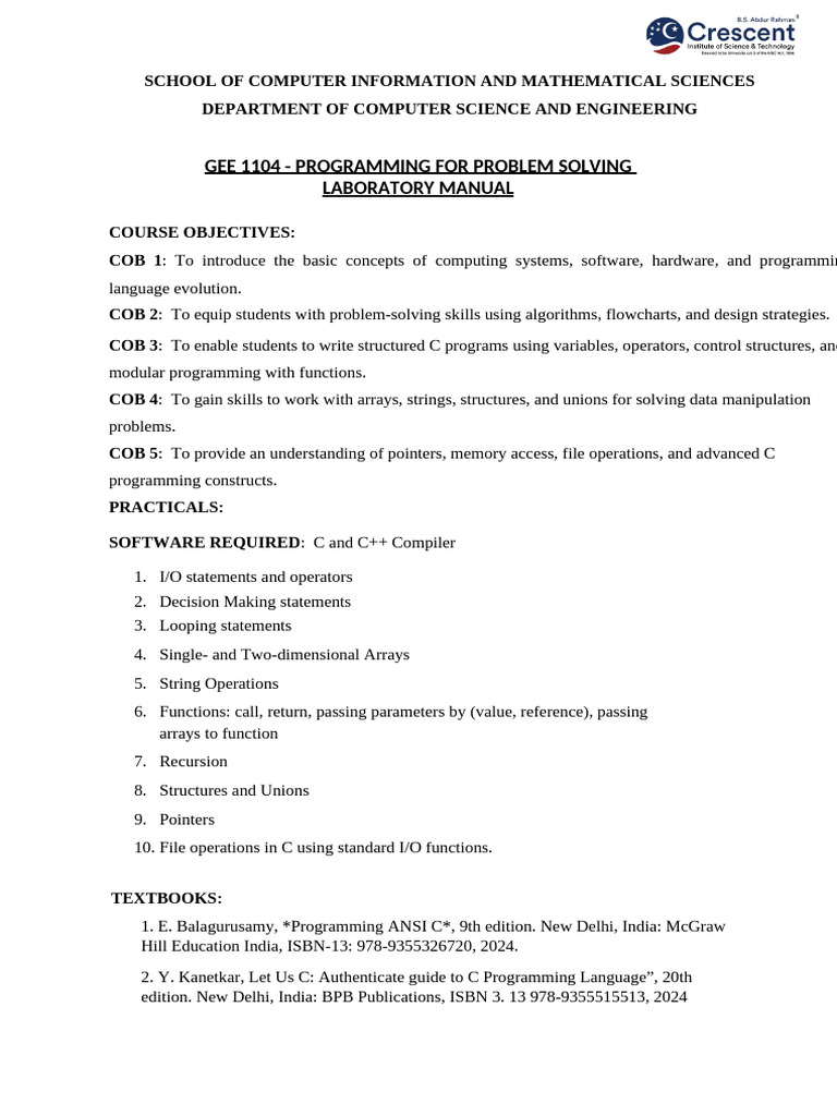 PPS LAB Manual | PDF | Pointer (Computer Programming) | Programming