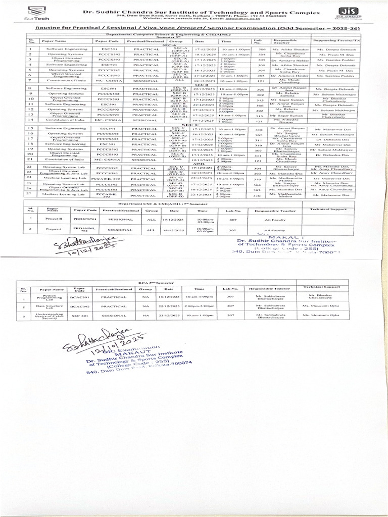 Practical Exam Routine Odd Sem 2025-26 | PDF