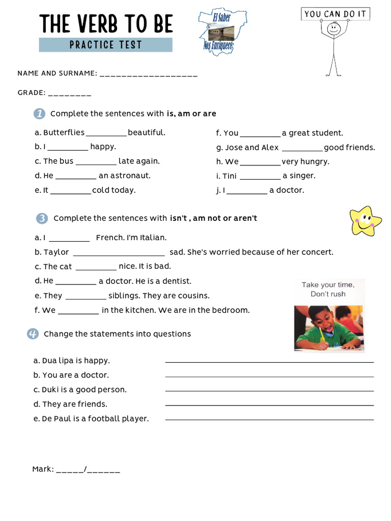 Verb To Be Practice Test | PDF