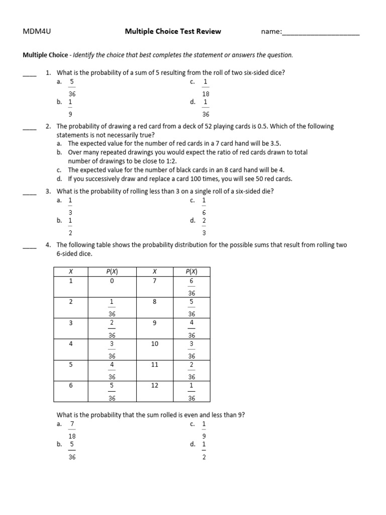 Probability Test Review Questions | PDF | Probability | Probability ...