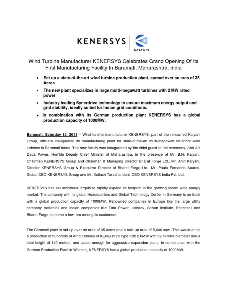 Kenersys Wind Turbine Plant Inaugural | PDF | Wind Power | Electrical Grid