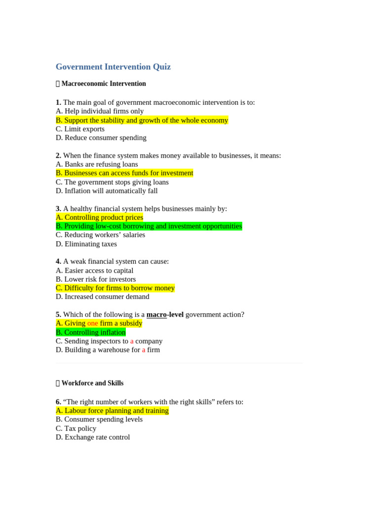 Government Intervention in Economics Quiz | PDF | Taxes | Inflation