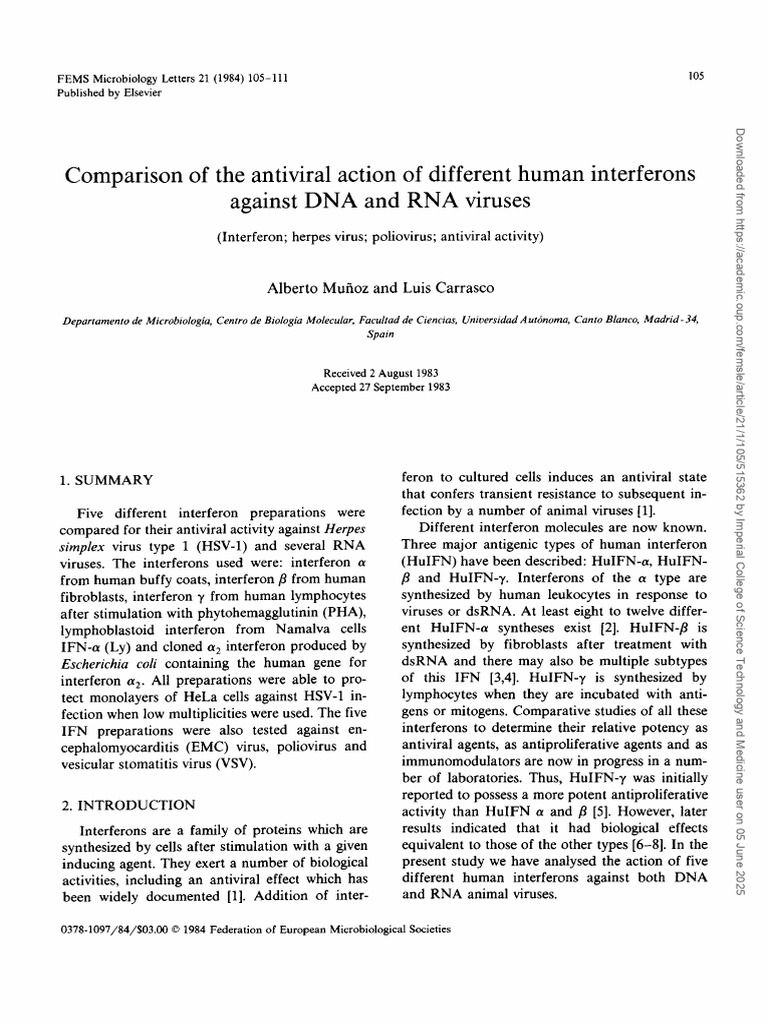 Comparison of IFN On HSV Versus RNA Viruses 1984 | PDF | Interferon | Virus
