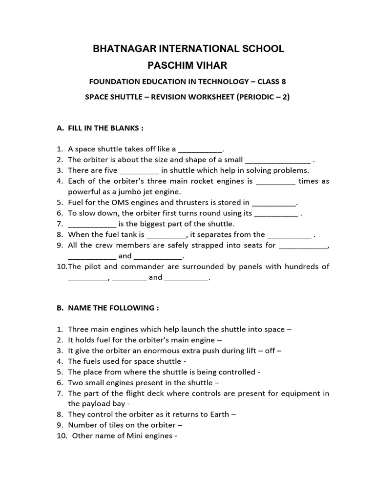 Space Shuttle Revision Worksheet for Class 8 | PDF | Space Shuttle ...