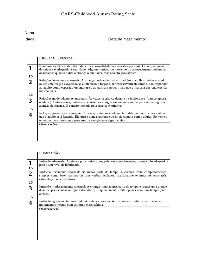 CARS_-_Autismo_escala_-_impressão[1] | PDF | Emoções | Comunicação não ...