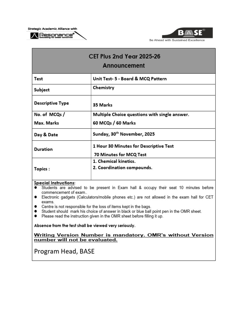 Announcement-CET Plus 2nd Year 25-26 Chemistry CET & Unit Test-5 (1) | PDF