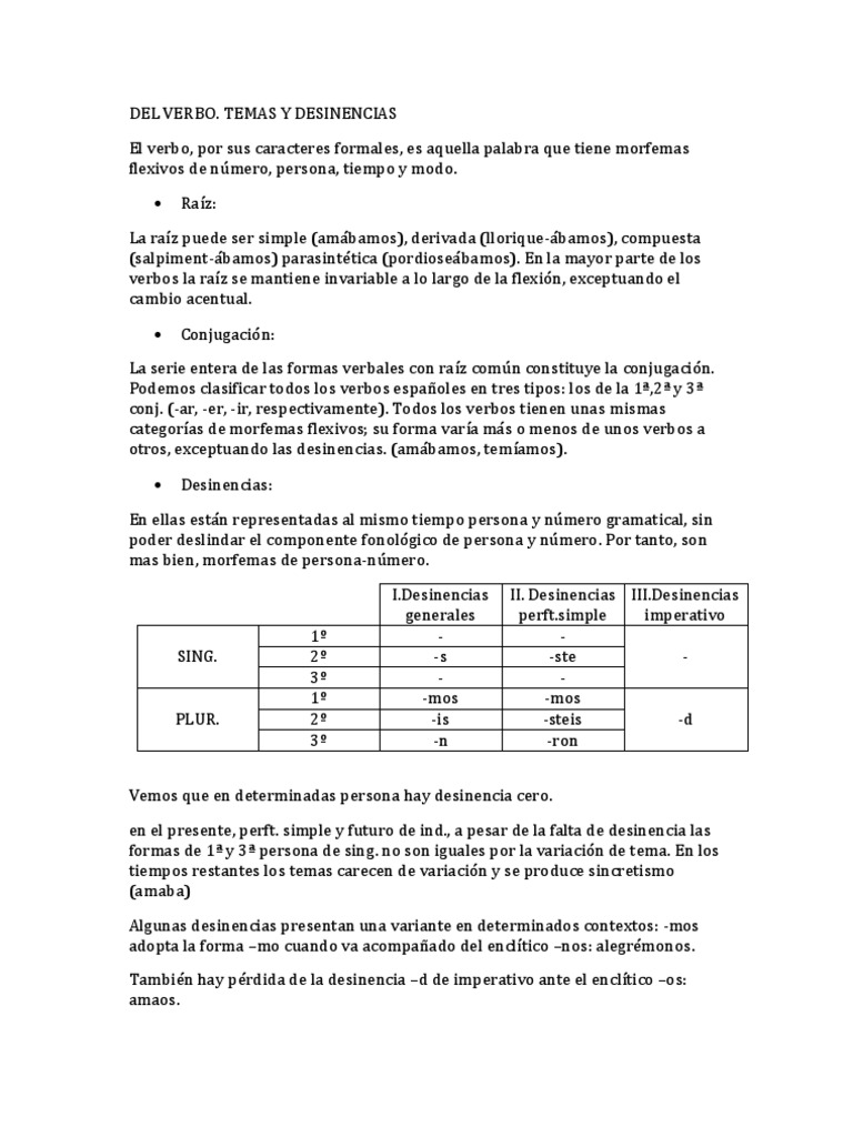 Raíz y Desinencias del Verbo en Español | PDF | Verbo | Conjugación ...