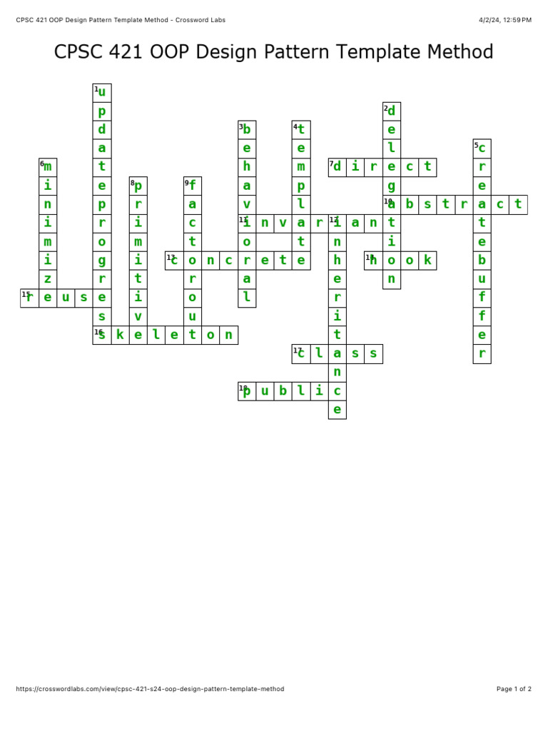 CPSC 421 OOP Design Pattern Template Method - Crossword Labs | PDF ...