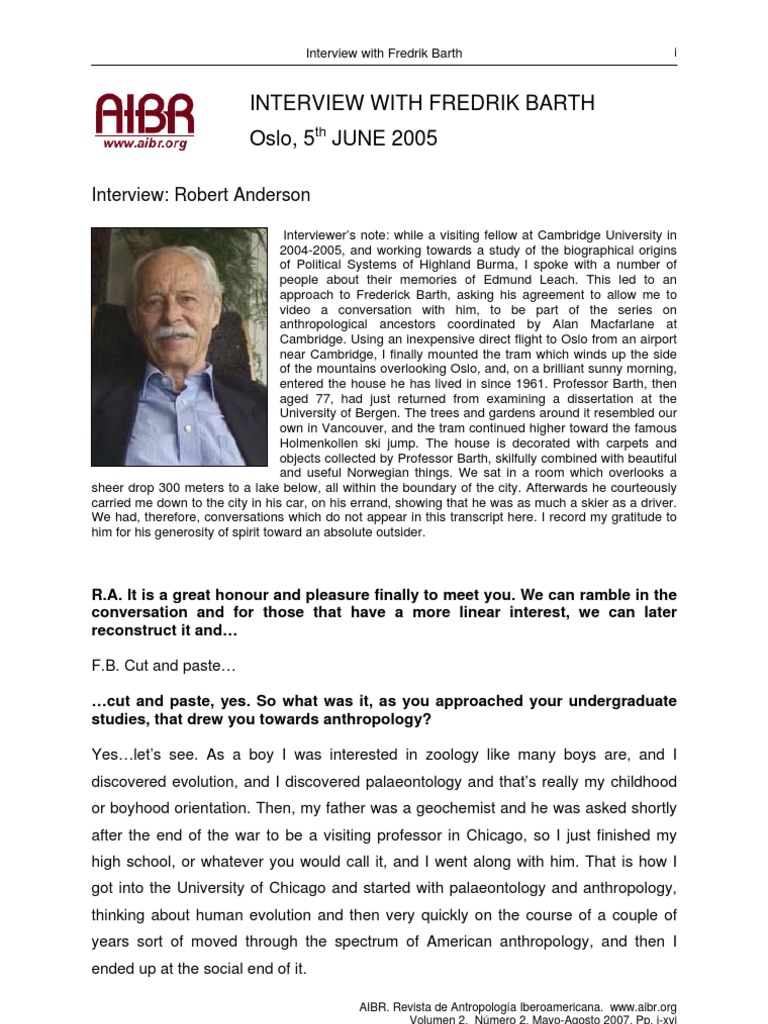 Interview With Fredrik Barth Oslo, 5 JUNE 2005 | PDF | Anthropology ...