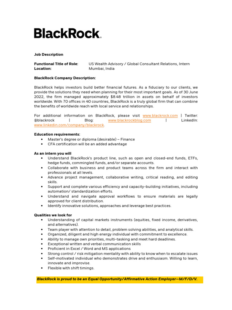 BlackRock US Wealth Advisory Intern Role | PDF | Black Rock | Hedge Fund