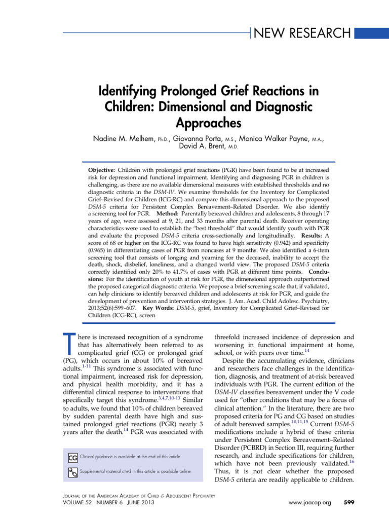Prolonged Grief in Children: Diagnosis & Screening | PDF | Grief | Dsm 5