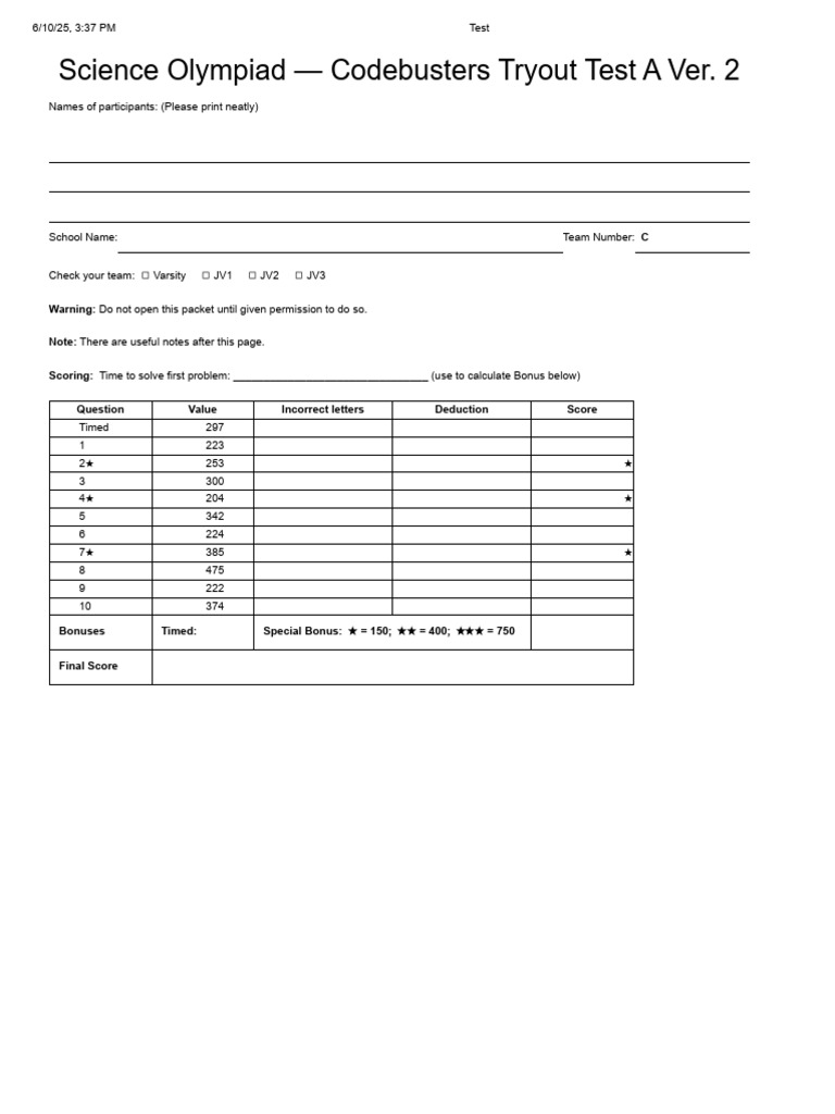 Codebusters Tryout Test A Ver. 2 | PDF | Cipher | Encryption