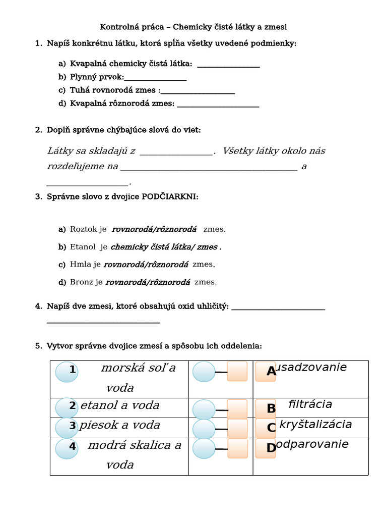 Kontrolná Práca - Chemicky Čisté Látky A Zmesi | PDF