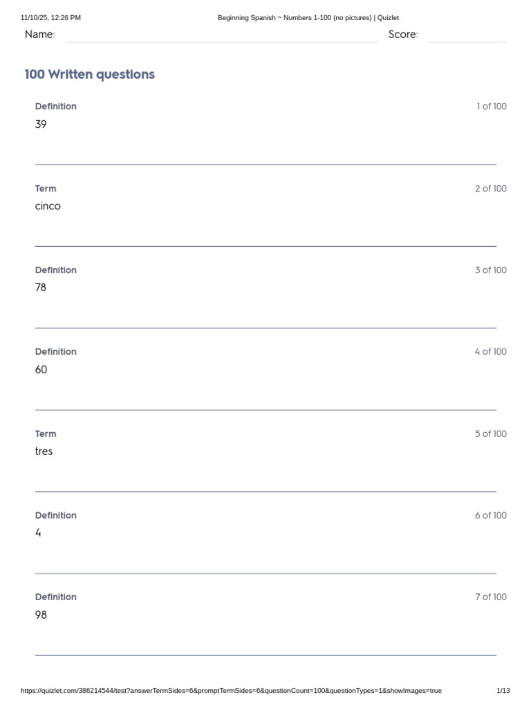 Beginning Spanish Numbers 1-100 (No Pictures) - Quizlet | PDF