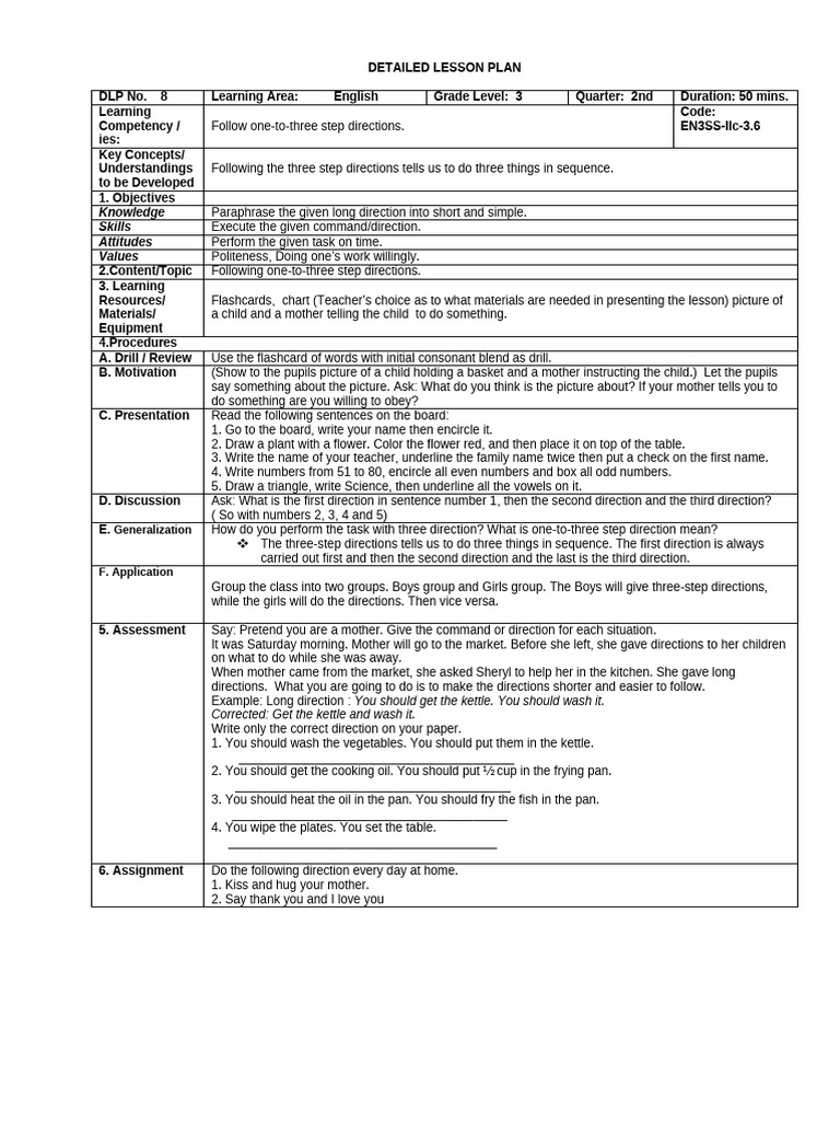 Grade 3 English Lesson Plan: Following Directions | PDF | Learning