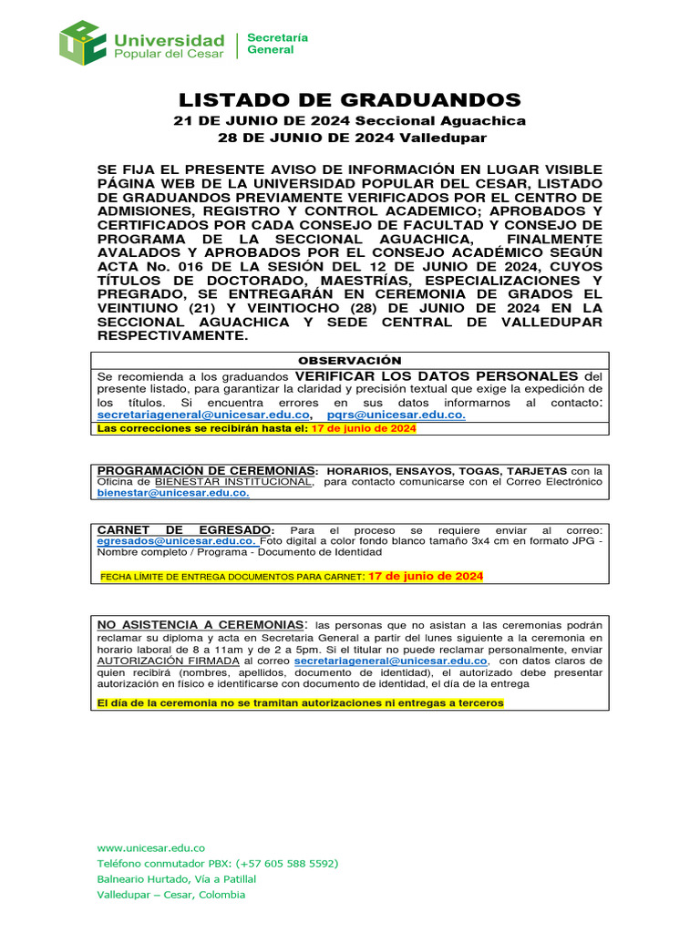 Listado de Graduandos 2024 Unicesar | PDF