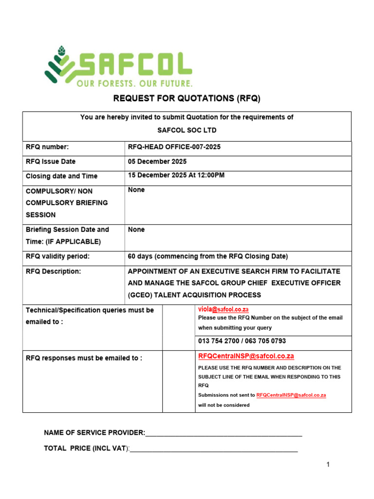 RFQ Head Office 007 2025 Appointment of An Executive Search Firm To ...