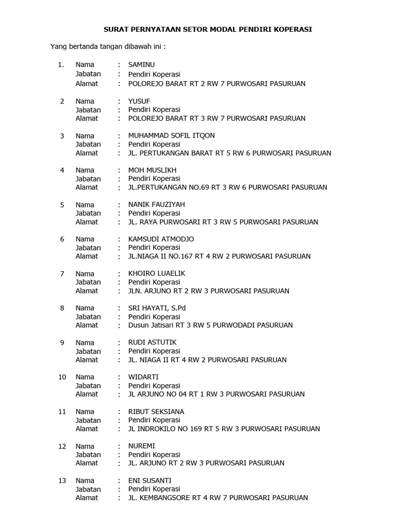 Surat Keterangan Setor Modal | PDF