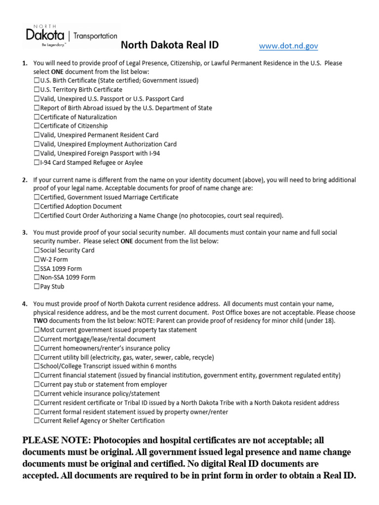 Real-Id Checklist North Dakota | PDF | Identity Document | Driver's License
