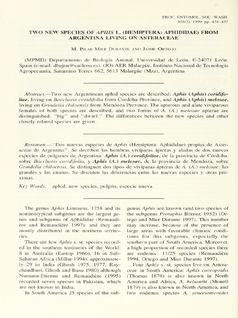 Mier and Ortego 1999 Two New Spècies of Aphid From Aregentina Living On ...
