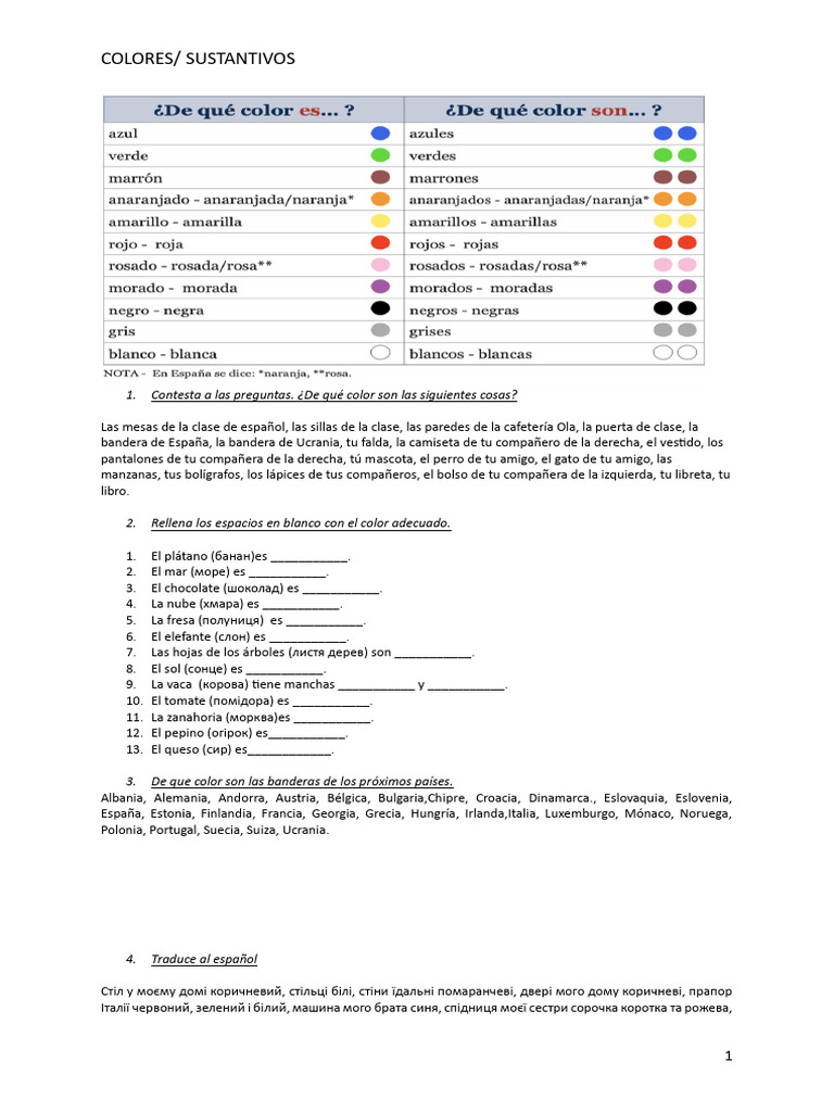 Colores y Sustantivos Tema 3 | PDF