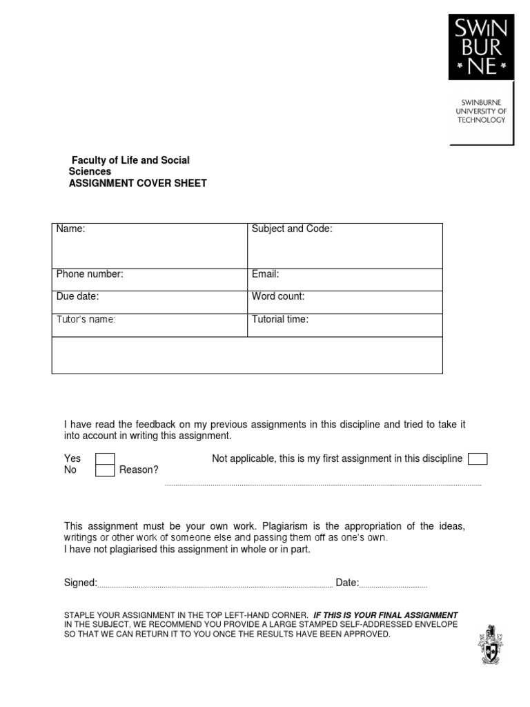 Assignment Cover Sheet Template | PDF