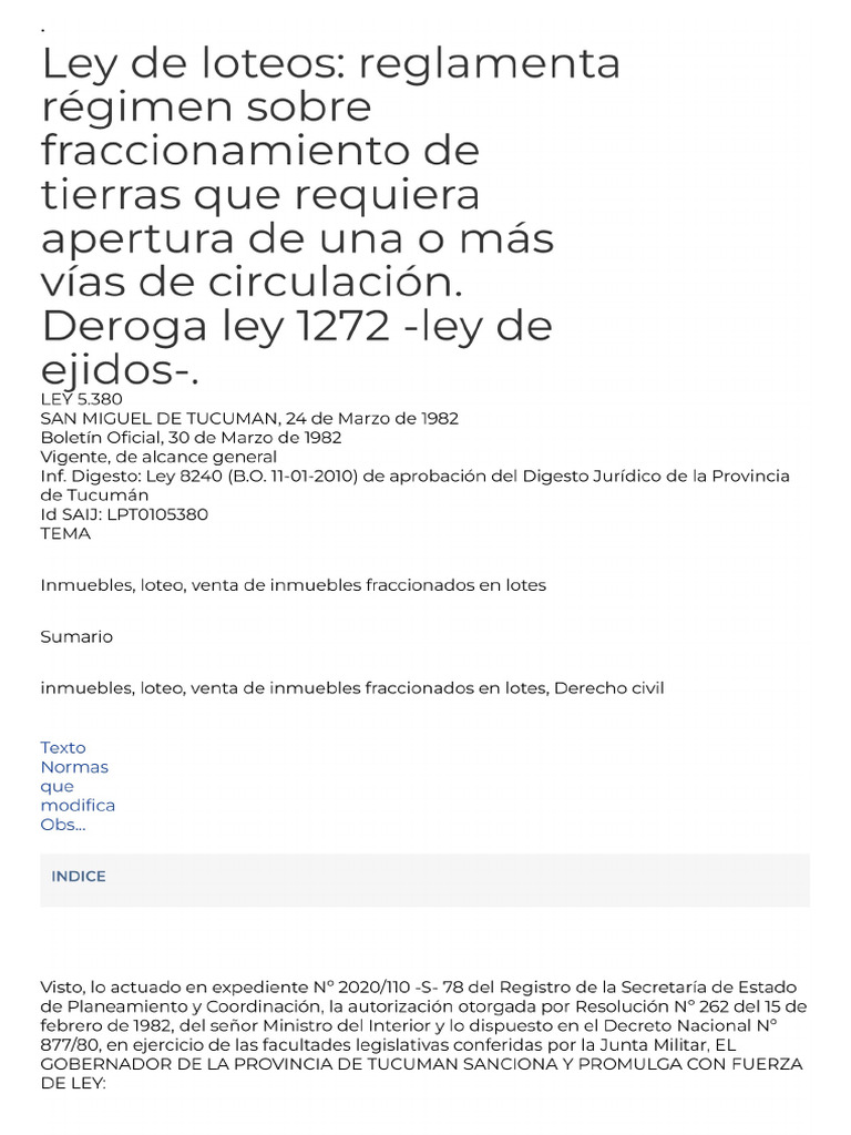 Ley de Loteos - Reglamenta Régimen Sobre Fraccionamiento de Tierras Que ...