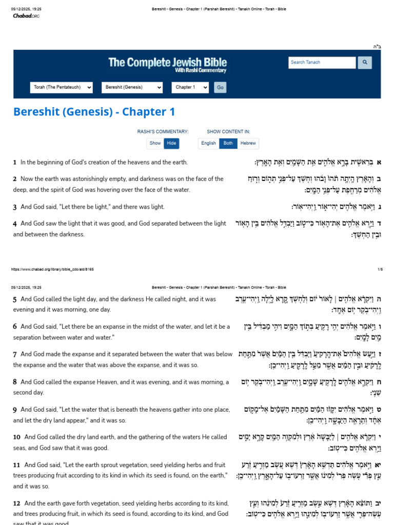 Bereshit - Genesis - Chapter 1 (Parshah Bereshit) - Tanakh Online ...