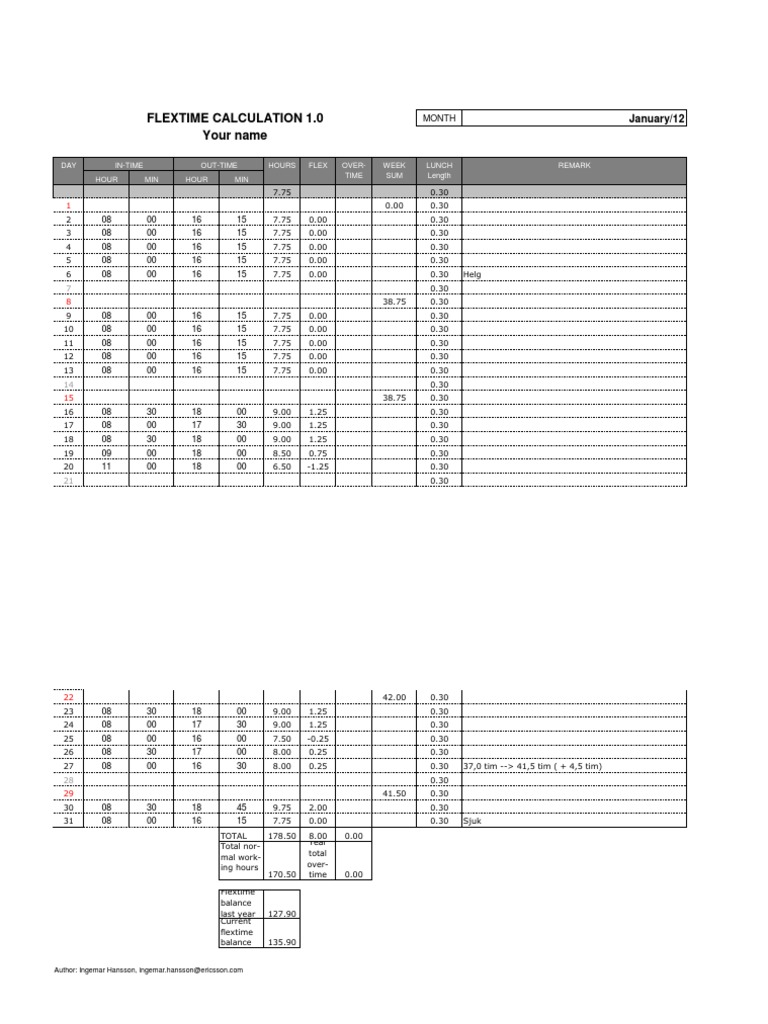 Flextime Calculation 1.0 Your Name: Month | PDF | Working Time | Overtime
