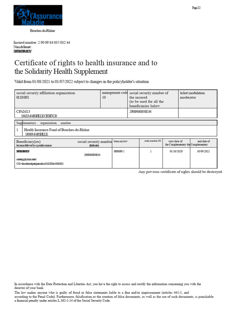 Bouches-du-Rhône Health Insurance Certificate | PDF | Insurance | Justice